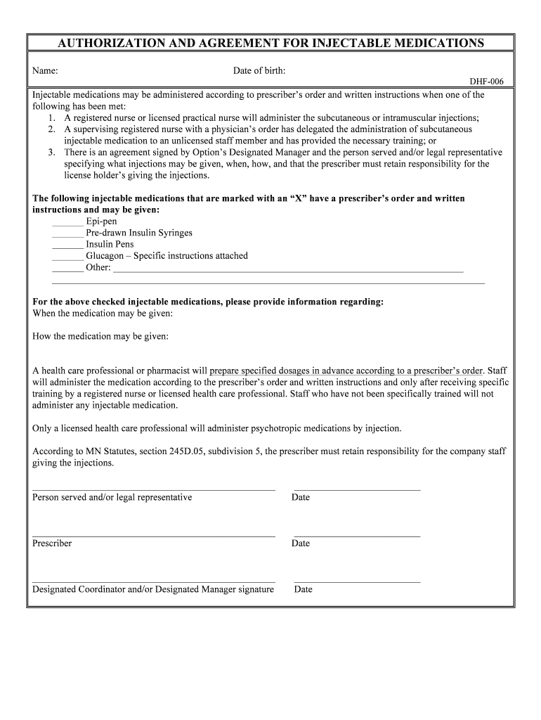 Fillable Online options-inc Authorization and Agreement for Injectable ...