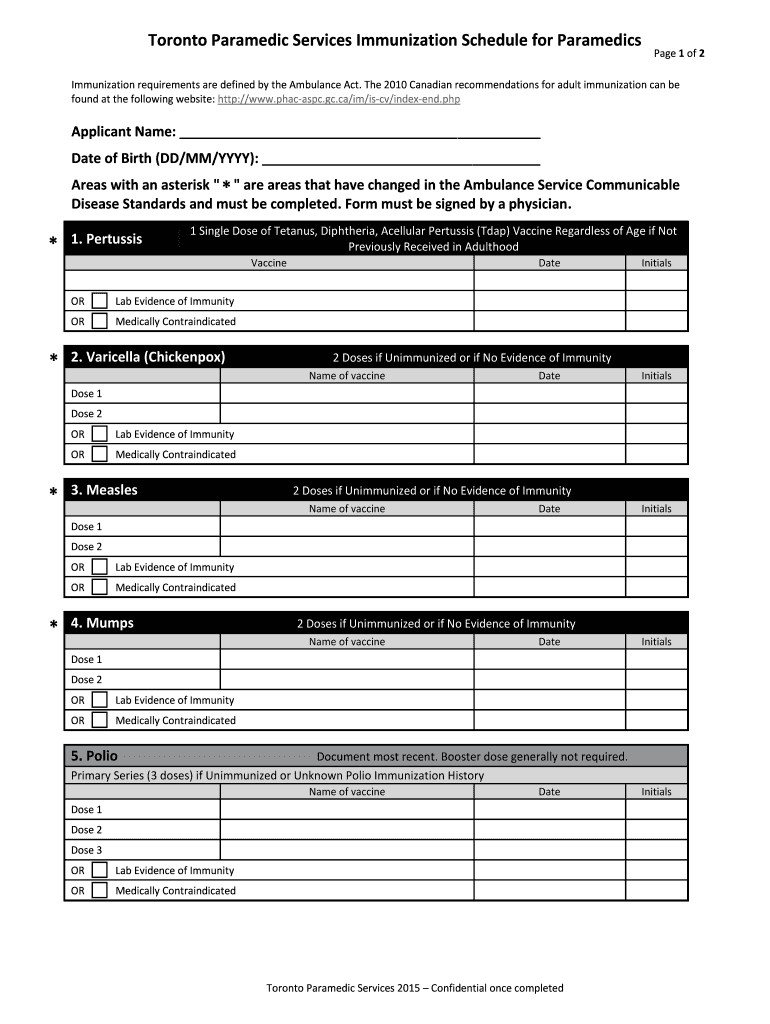 Fillable Online torontomedics Toronto Paramedic Services Immunization Schedule for ...