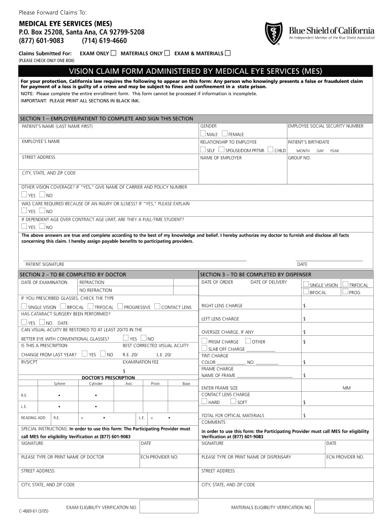 Fillable Online ci milpitas ca VISION CLAIM FORM ADMINISTERED BY ...