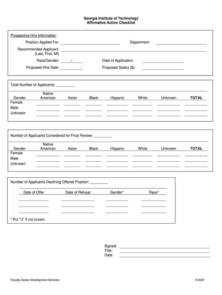 Fillable Online faculty gatech Georgia Institute of Technology Affirmative Action Checklist Fax ...