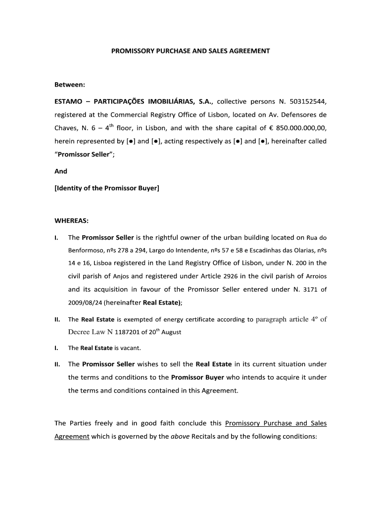 Fillable Online estamo PROMISSORY PURCHASE AND SALES AGREEMENT Fax Email Print - pdfFiller