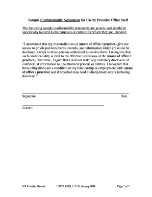 Fillable Online Sample Confidentiality Agreement for Use by Provider Office Staff ... Fax Email ...