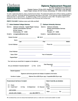 Fillable Online clarkson Diploma Request Form - Clarkson University Fax ...