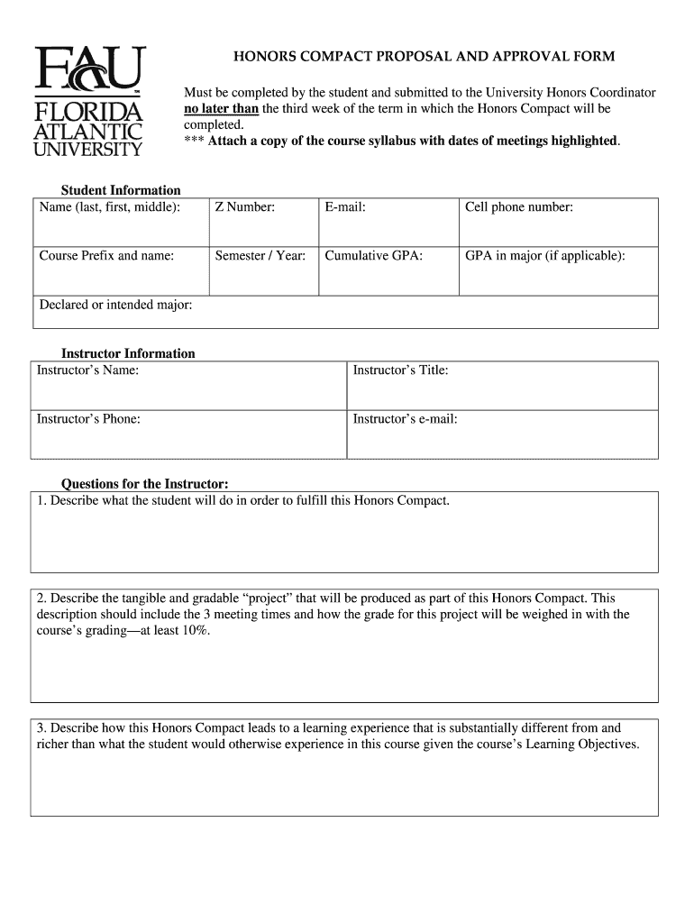 Fillable Online fau Honors Compact Proposal and Approval form - Florida Atlantic ... Fax Email ...