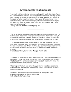 Fillable Online Art Sobczak Testimonials - Franchise Speakers Fax Email ...