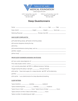 Fillable Online valleycarephysicianassociates Sleep Questionnaire ...