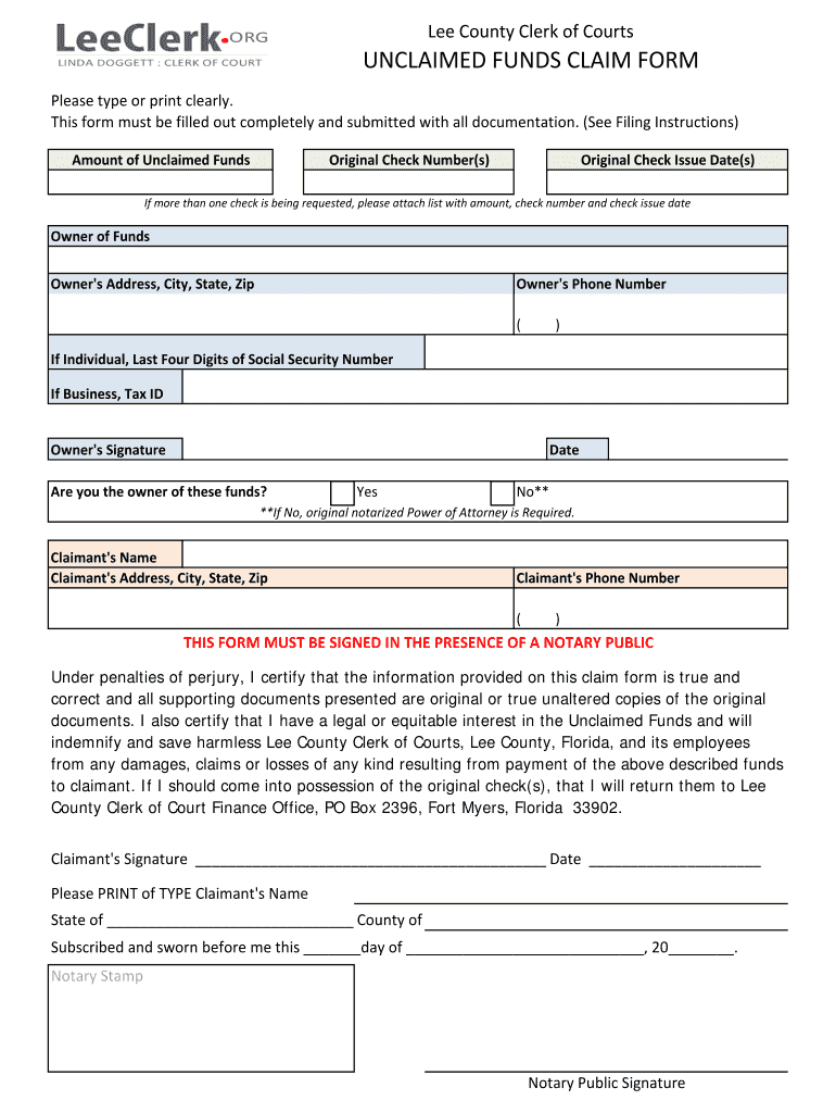 Fillable Online leeclerk Unclaimed funds claim form - Lee County Clerk ...