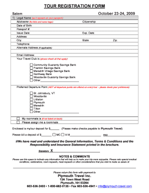 Fillable Online TOUR REGISTRATION FORM October 2324, 2009 Salem 1) Legal Name (as it appears on ...