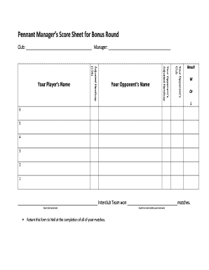 Fillable Online Pennant Managers Score sheet for bonus round Fax Email ...