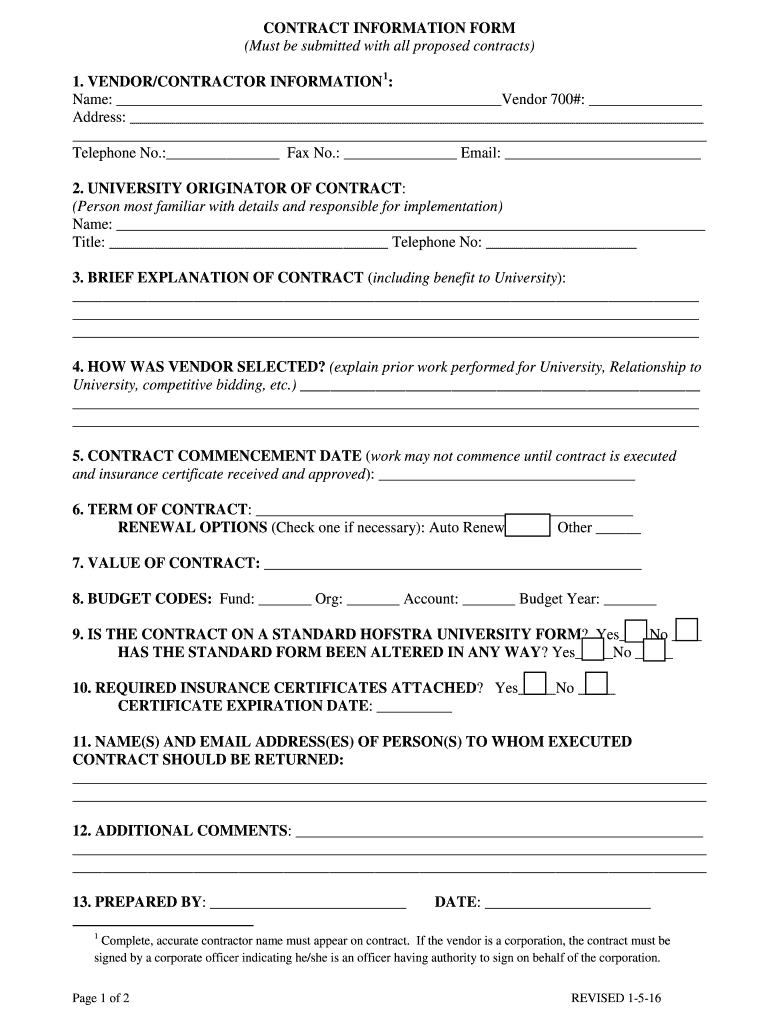 Fillable Online hofstra CONTRACT INFORMATION FORM (Must be ...