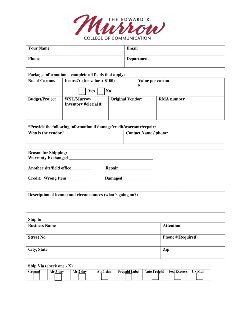 Fillable Online murrow wsu Request for Shipment form Fax Email Print ...