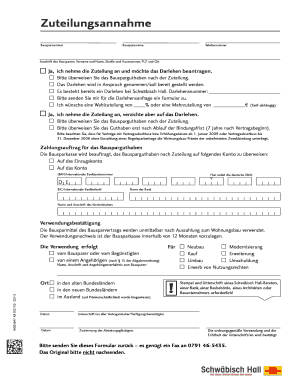 Ausfüllbar Online Zuteilungsannahme - Bausparkasse Schw bisch Hall Fax ...