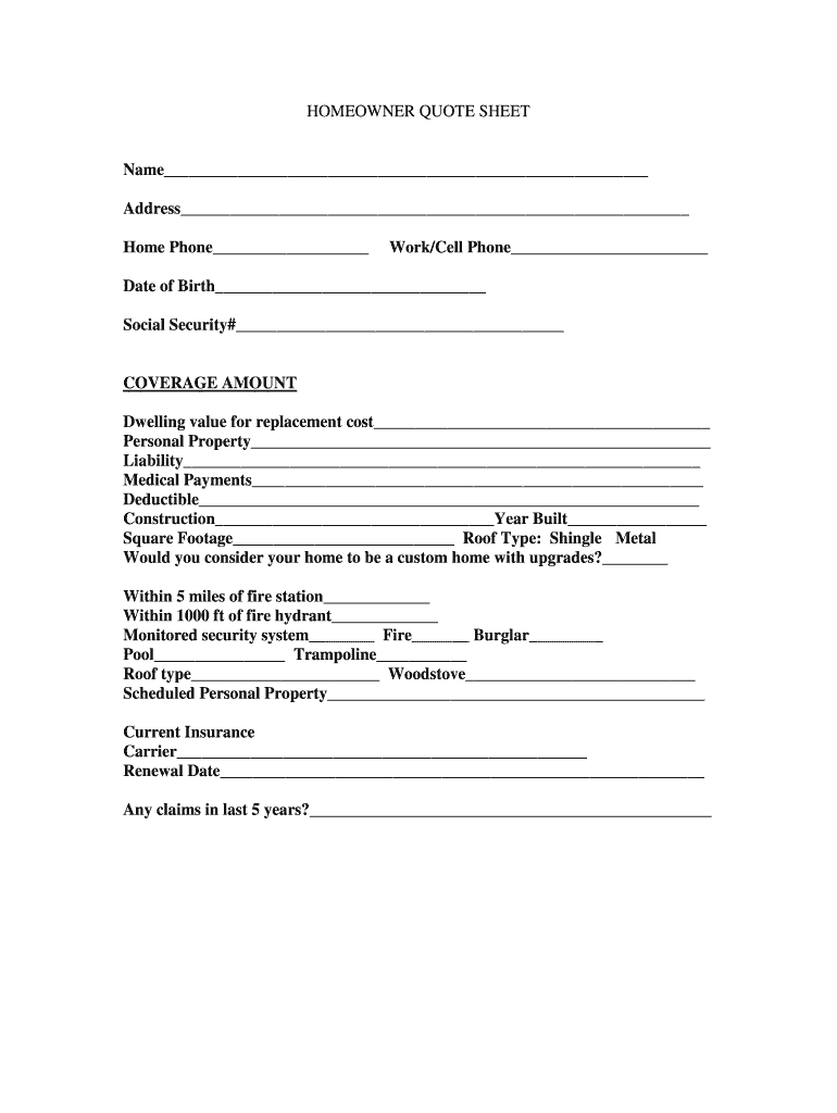 Fillable Online HOMEOWNER QUOTE SHEET - Bagwell Insurance Group Fax ...