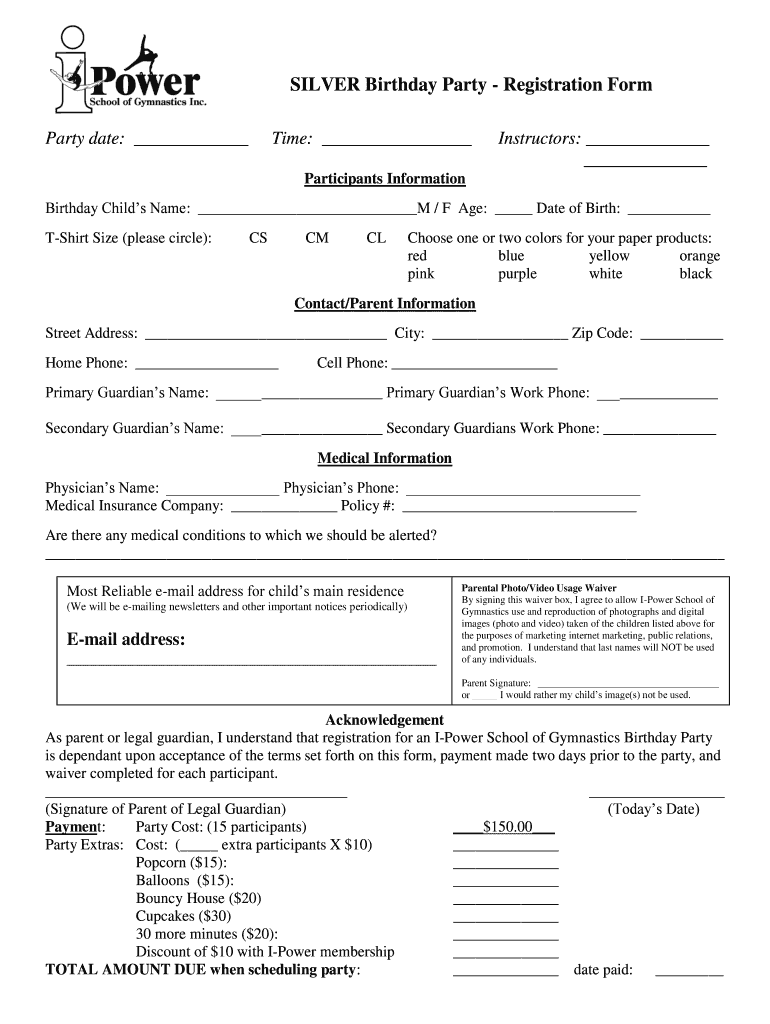 Fillable Online SILVER Birthday Party - Registration Form Fax Email ...