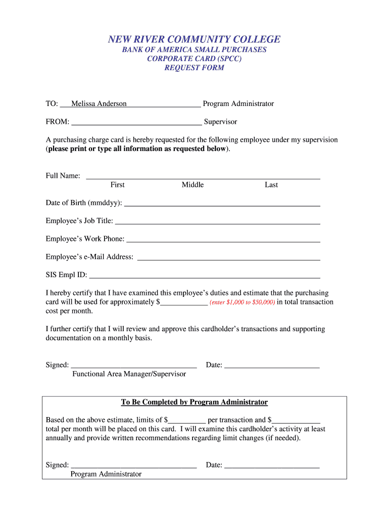 Fillable Online nr vccs BANK OF AMERICA SMALL PURCHASES CORPORATE CARD SPCC Fax Email Print ...