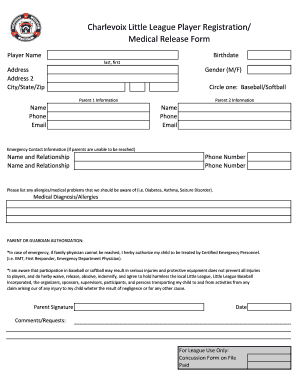 Fillable Online Charlevoix Little League Player Registration Medical Fax Email Print - pdfFiller