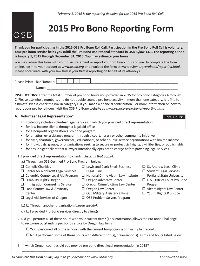 Fillable Online oregonstatebar OSB Pro Bono Reporting Form ...