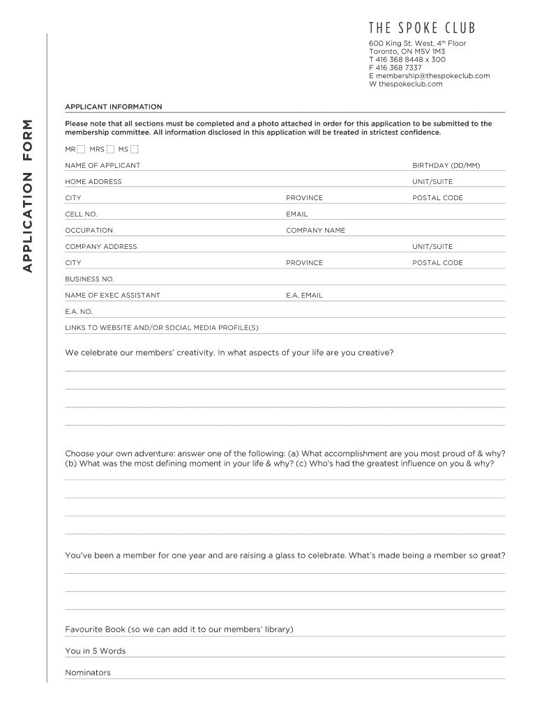 Fillable Online the spoke club annual membership rates annual fee and ...