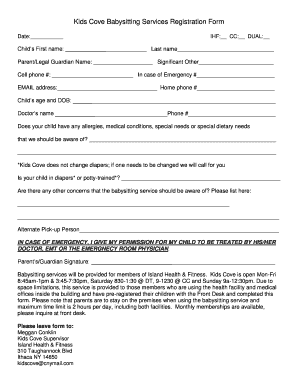 Fillable Online Kids Cove Babysitting Services Registration Form Fax ...