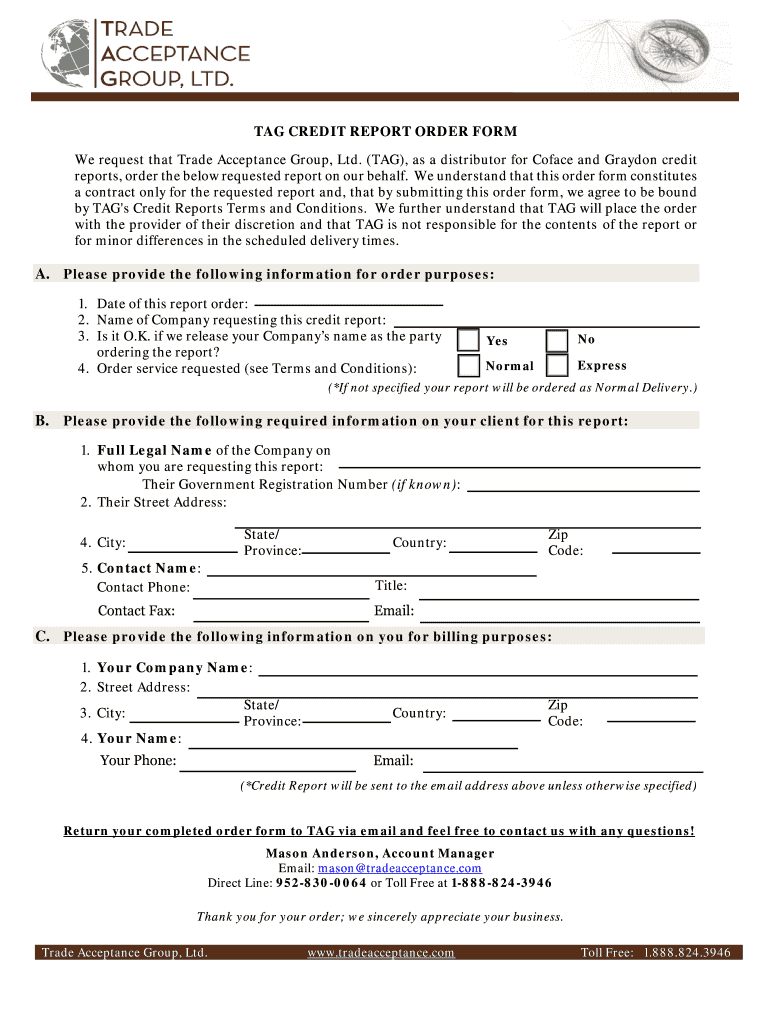 Fillable Online TAG CREDIT REPORT ORDER FORM We request that Trade ...