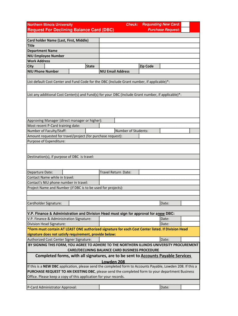 Fillable Online niu Declining Balance Card Request Formxlsx Fax Email ...