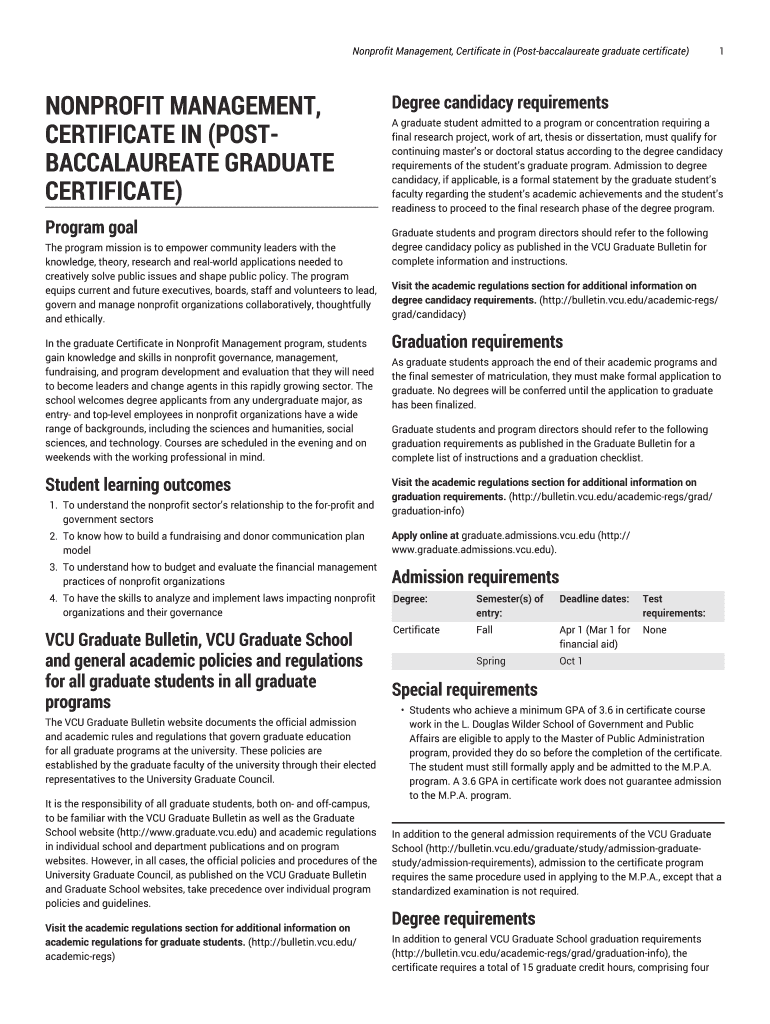 Fillable Online Nonprofit Management, Certificate in (Post-baccalaureate graduate certificate)1 ...