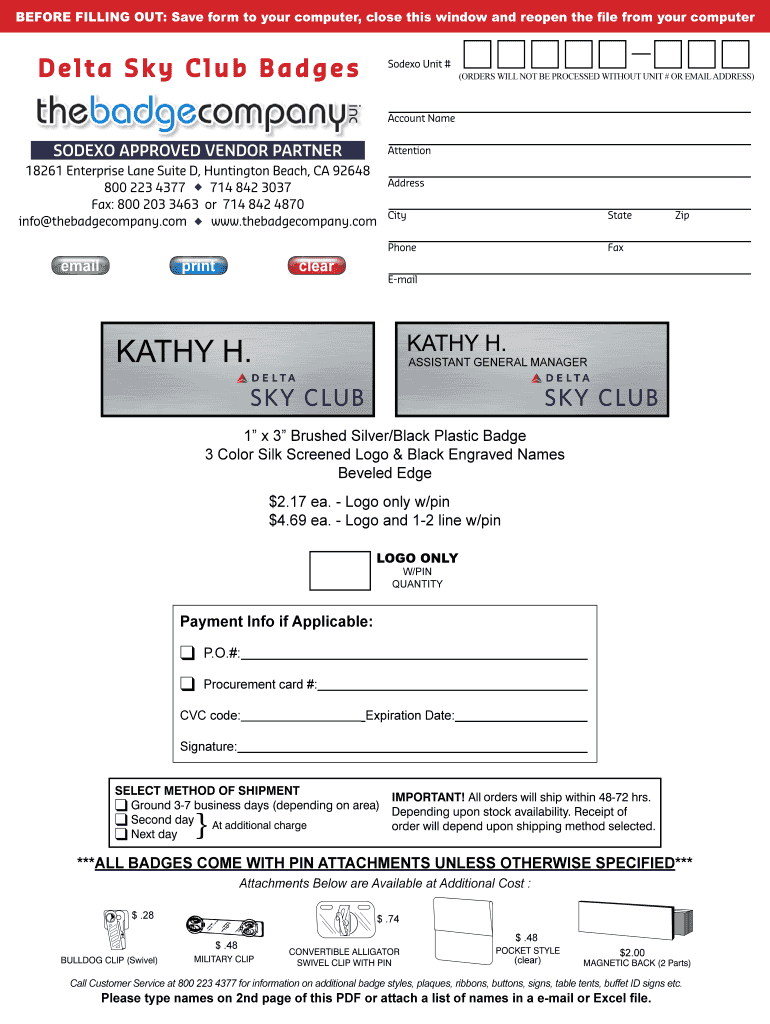 Fillable Online Delta Sky Club Badges - The Badge Company Inc Fax Email ...