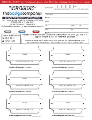 Fillable Online INDIVIDUAL PERPETUAL PLATE ORDER FORM ORDERS WILL NOT ...