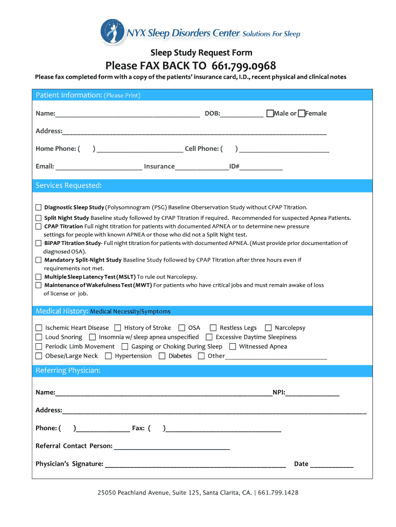 Fillable Online SleepStudyRequest Form PleaseFAXBACKTO 661799 Fax Email ...