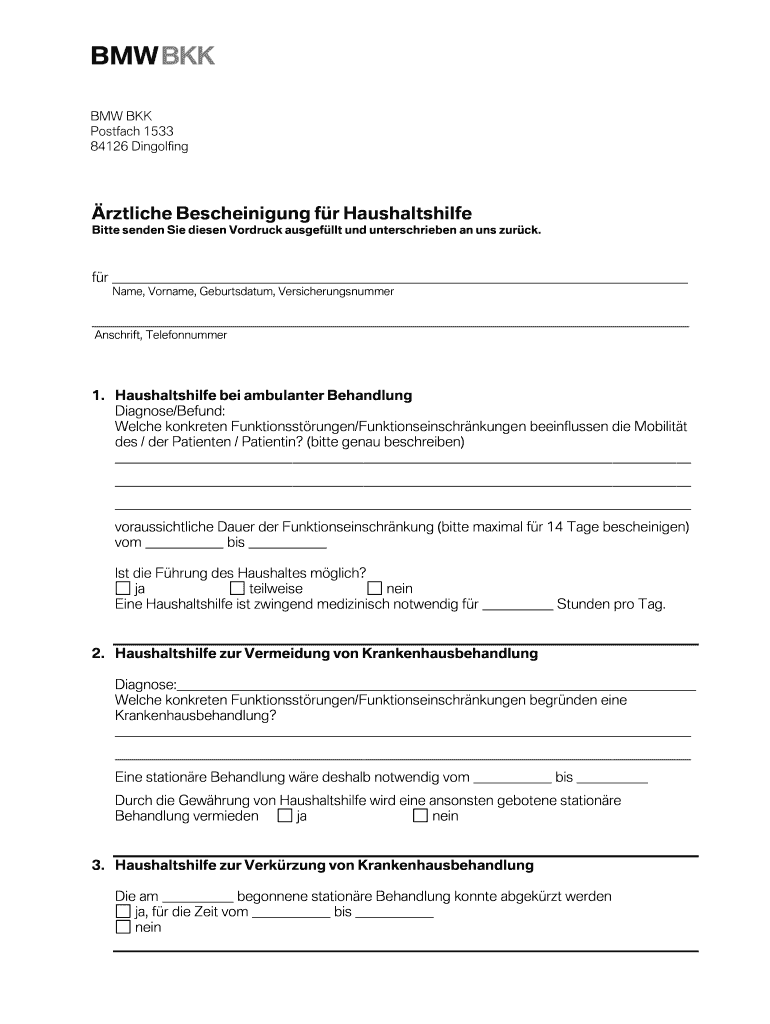 Ausfüllbar Online bmwbkk Rztliche Bescheinigung fr Haushaltshilfe - bmwbkkde Fax Email Drucken ...