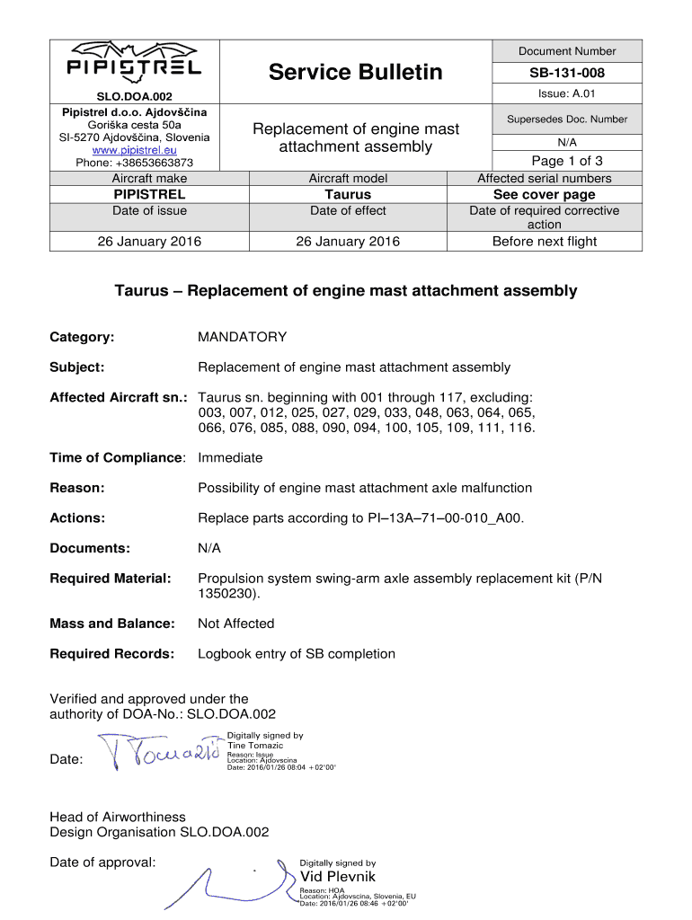 Fillable Online Service Bulletin Document Number SB-131-008 Pipistrel d Fax Email Print - pdfFiller