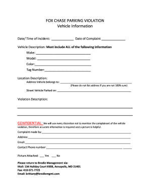 Fillable Online FOX CHASE PARKING VIOLATION Vehicle Information Fax ...