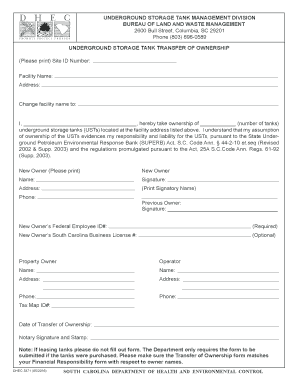 Fillable Online scdhec UNDERGROUND STORAGE TANK TRANSFER OF OWNERSHIP ...