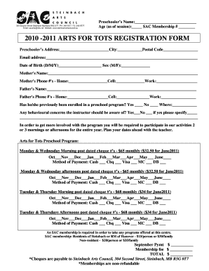 Fillable Online 2010 -2011 ARTS FOR TOTS REGISTRATION FORM Fax Email ...
