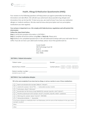 Fillable Online Health, Allergy & Medication Questionnaire (HMQ ...
