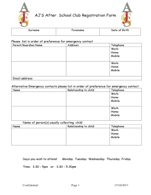 Fillable Online alvastonj derby sch AJS After School Club Registration ...
