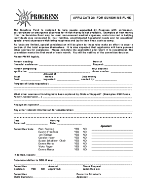 Fillable Online teamprogress APPLICATION FOR SUNSHINE FUND The Sunshine ...
