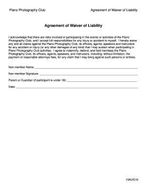 Fillable Online Agreement of Waiver of Liability - Plano Photography ...