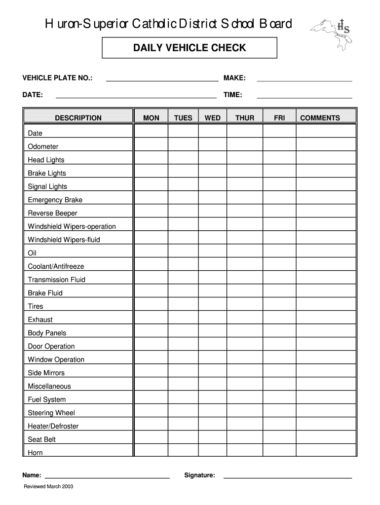 Fillable Online Daily Vehicle Checklist - Huron-Superior Catholic ...