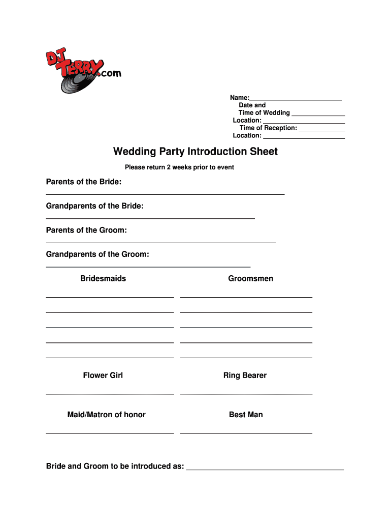 Fillable Online Wedding Party Introduction Sheet - bDJTerrybbcomb Fax ...