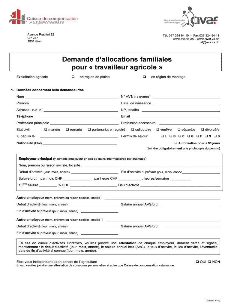 Remplissable En Ligne avs vs Demande dallocations familiales pour travailleur agricole Fax Email ...