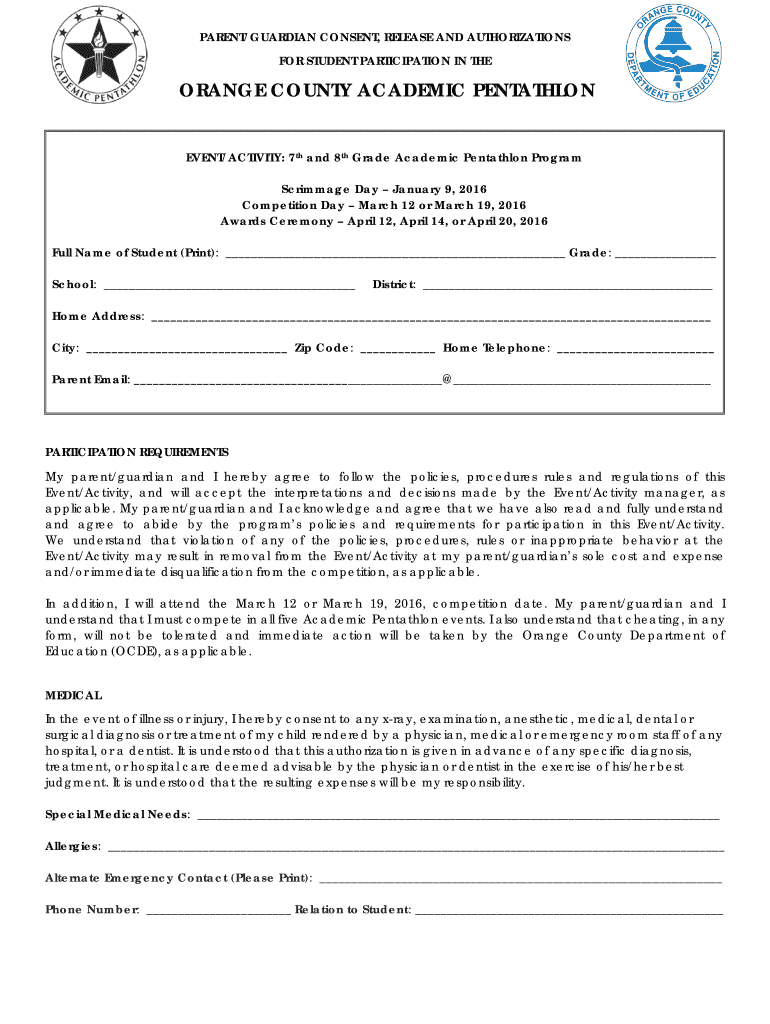 Fillable Online ocde Parent Consent - bFillableb - Orange County ...