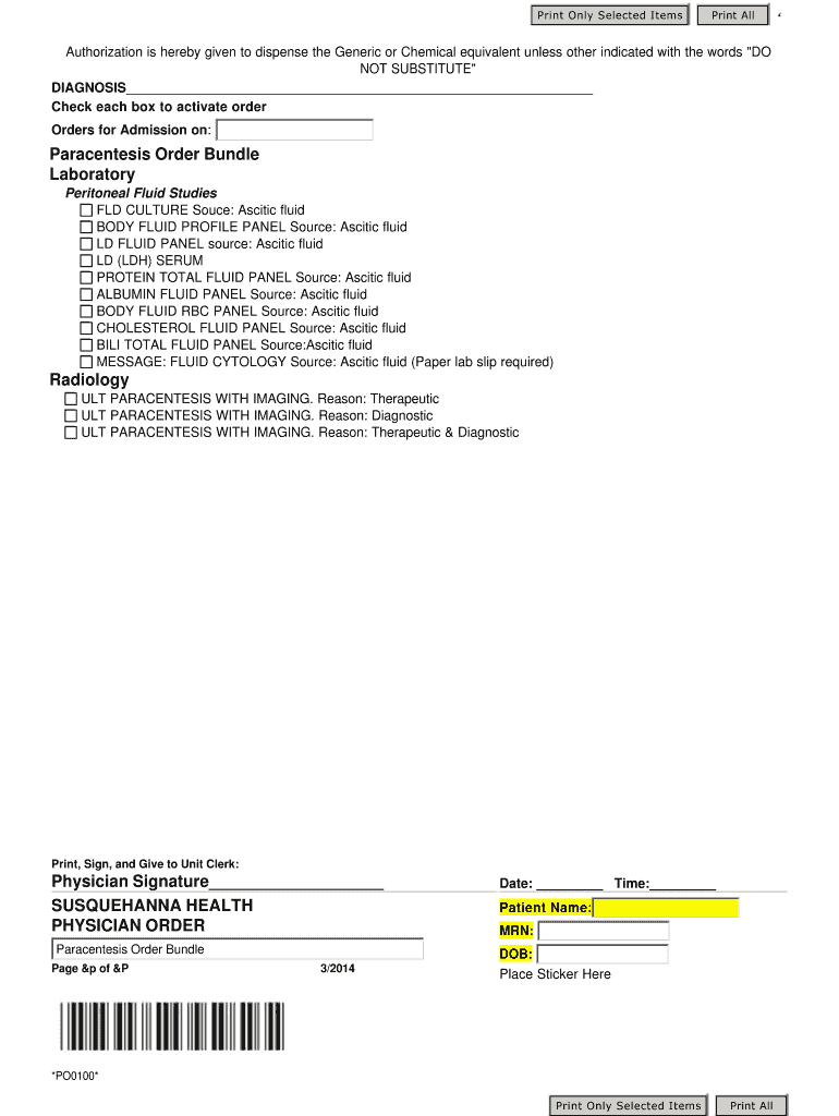 Fillable Online tempportal susquehannahealth Paracentesis Order Bundle ...