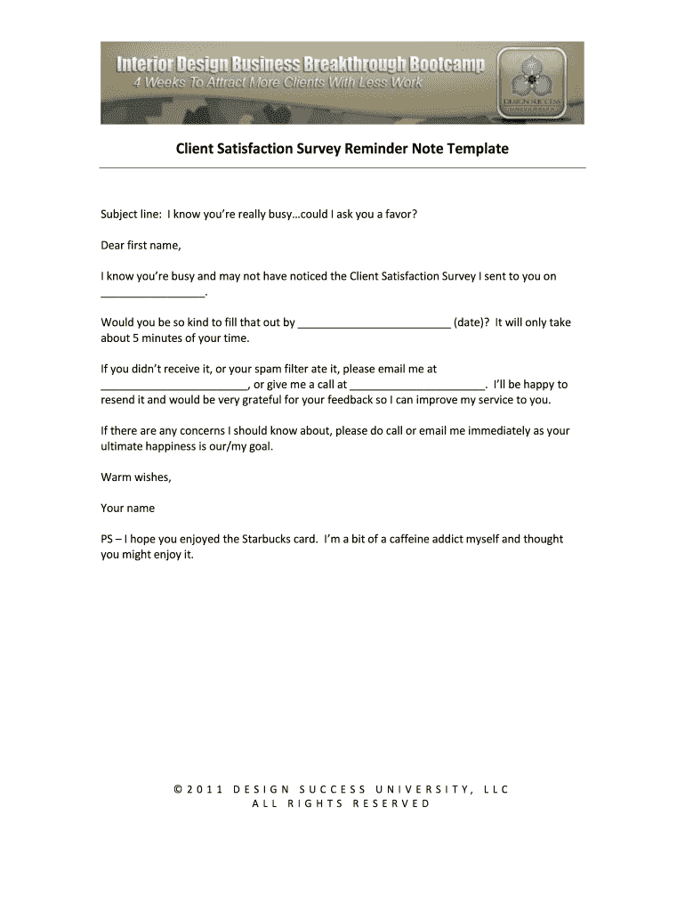 Fillable Online Client Satisfaction Survey Reminder Note Template ...