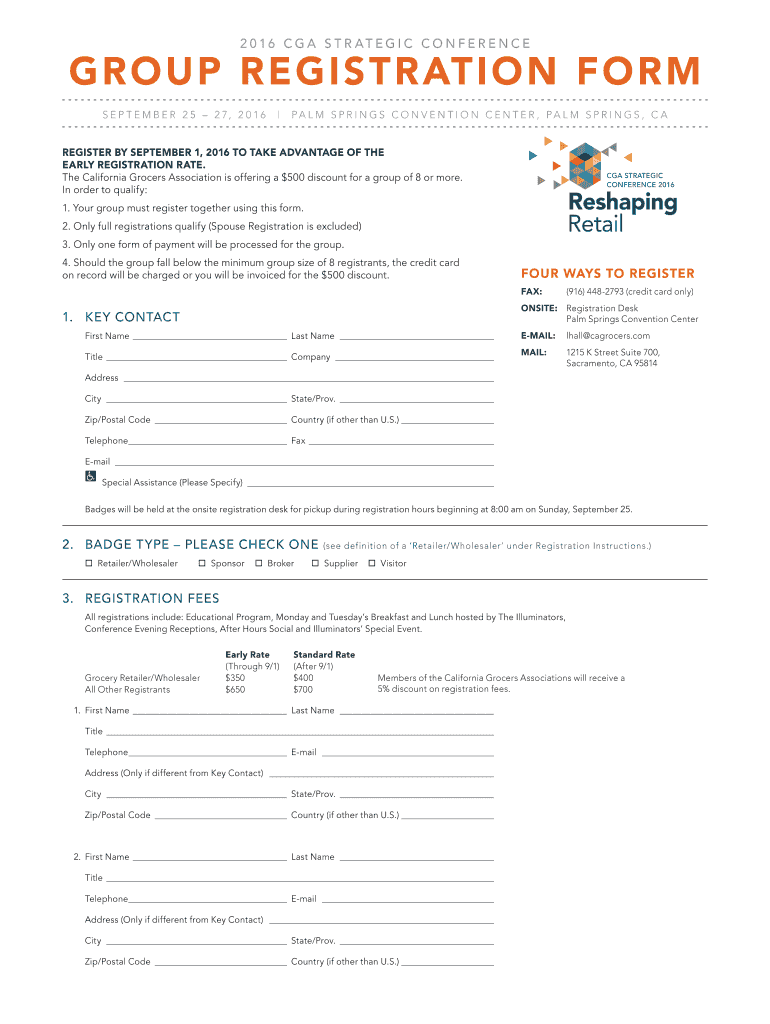 Fillable Online 2016 CGA STRATEGIC CONFERENCE GROUP REGISTRATION FORM ...
