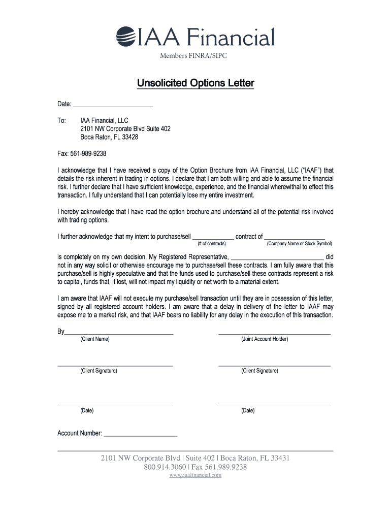 Fillable Online Unsolicited Options Letter - biaafinancialbbcomb Fax ...