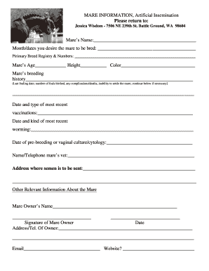 Fillable Online MARE INFORMATION Artificial Insemination Please return ...