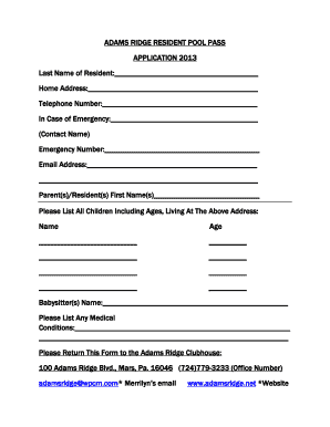 Fillable Online adamsridge ADAMS RIDGE RESIDENT POOL PASS APPLICATION ...