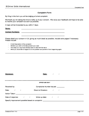 Fillable Online Complaint Form - Driver Skills International Fax Email ...