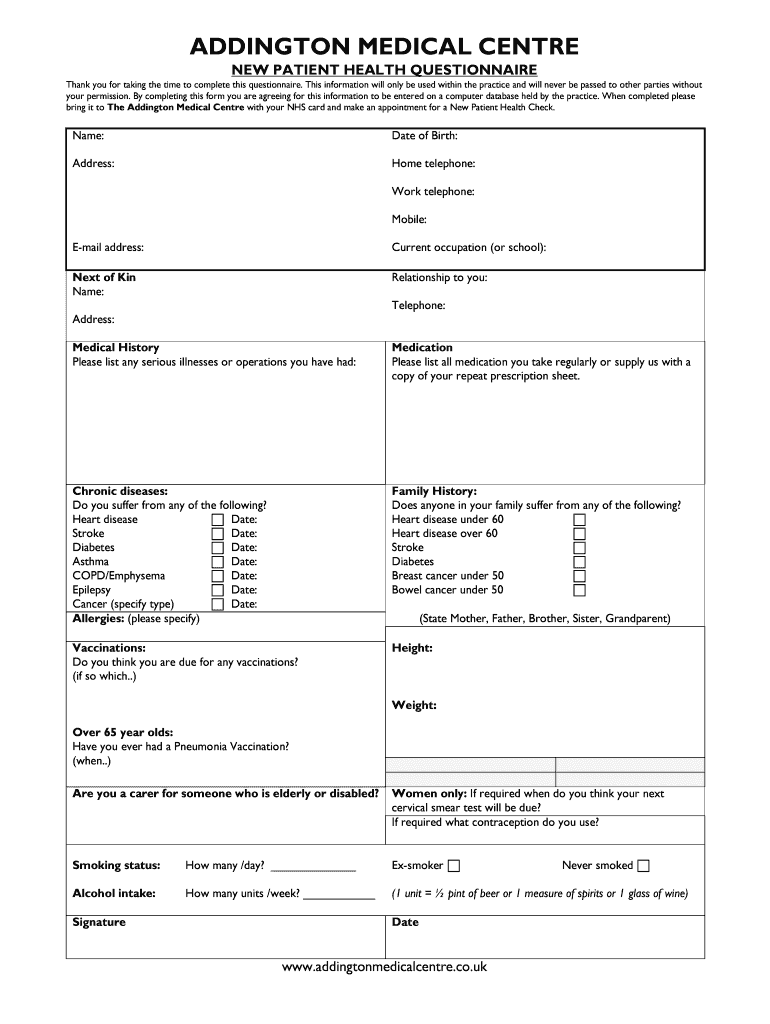 Fillable Online addingtonmedicalcentre co New patient health questionnaire - Addington Medical ...